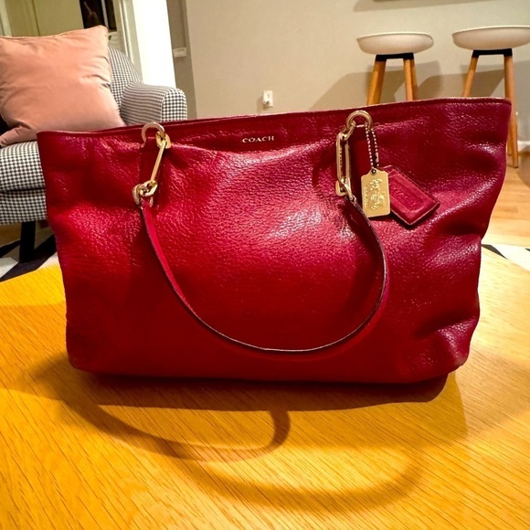 Coach | Bags | Coach Red Pebbled Leather Madison East West Tote Bag ...